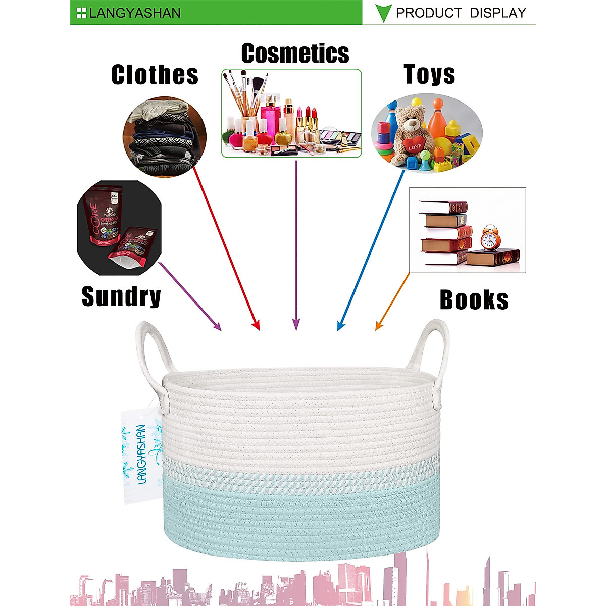 LANGYASHAN Rectangular Woven Rope Basket Decorative Blanket Basket for Living Room Storage or Nursery Laundry Hamper Basket with Handles Laundry Basket(Blue)