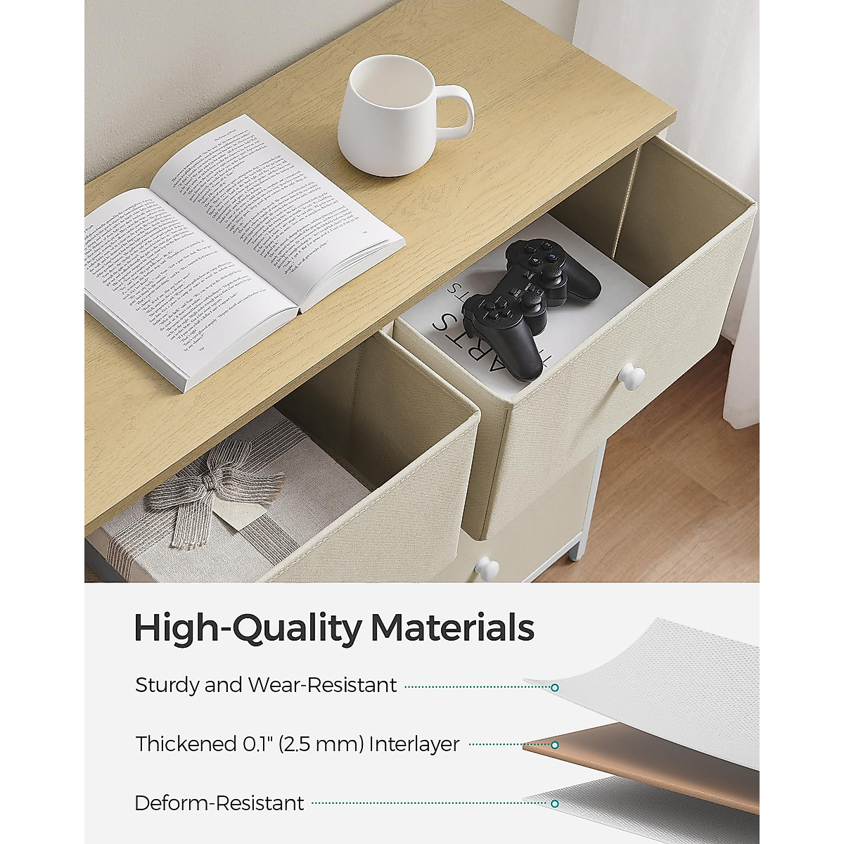 SONGMICS Bedroom, Chest, 6 Drawer, Closet Fabric Dresser with Metal Frame, by The yard, Camel Yellow + Cream White