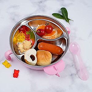 Qianliyer Stainless Steel Toddler Plates Set - Make Mealtime Fun and Warm With Insulated BPA Free Baby Bowl, Lid and Handle,Suction Bowls for Toddlers & Kids with Utensils (Pink)