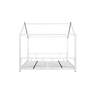 DNYN Full Size Metal House Bed with Roof Design for Kids Bedroom,Sturdy Steel Bedframe,No Box Spring Needed, White