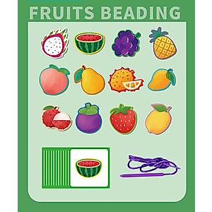 JAQI Montessori Educational Wooden Threading Stringing Toys Dinosaurs Traffic Space Insects Animals Fruits Lacing Beads Preschool Learning Toys for Toddler for Boys Girls (Fruits)