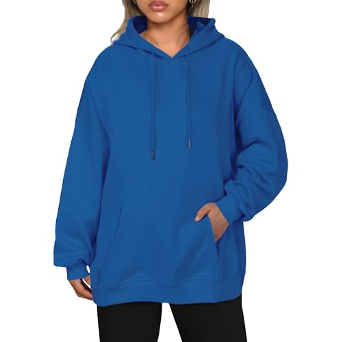 Zeagoo Long Sleeve Hoodies for Women Cotton Fleece Hoodies Solid Crewneck Tunic Sweatshirts Y2k Clothes Deep Blue Medium