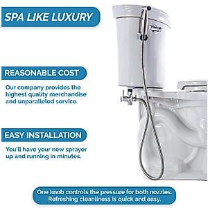 Bidet - Stainless Steel - Hand-Held Sprayer Attaches to Toilet - 59-Inch Hose Convenient for Additional Cleaning Activities - Three Pressure Levels - Toilet Hook Holder - Brushed Finish