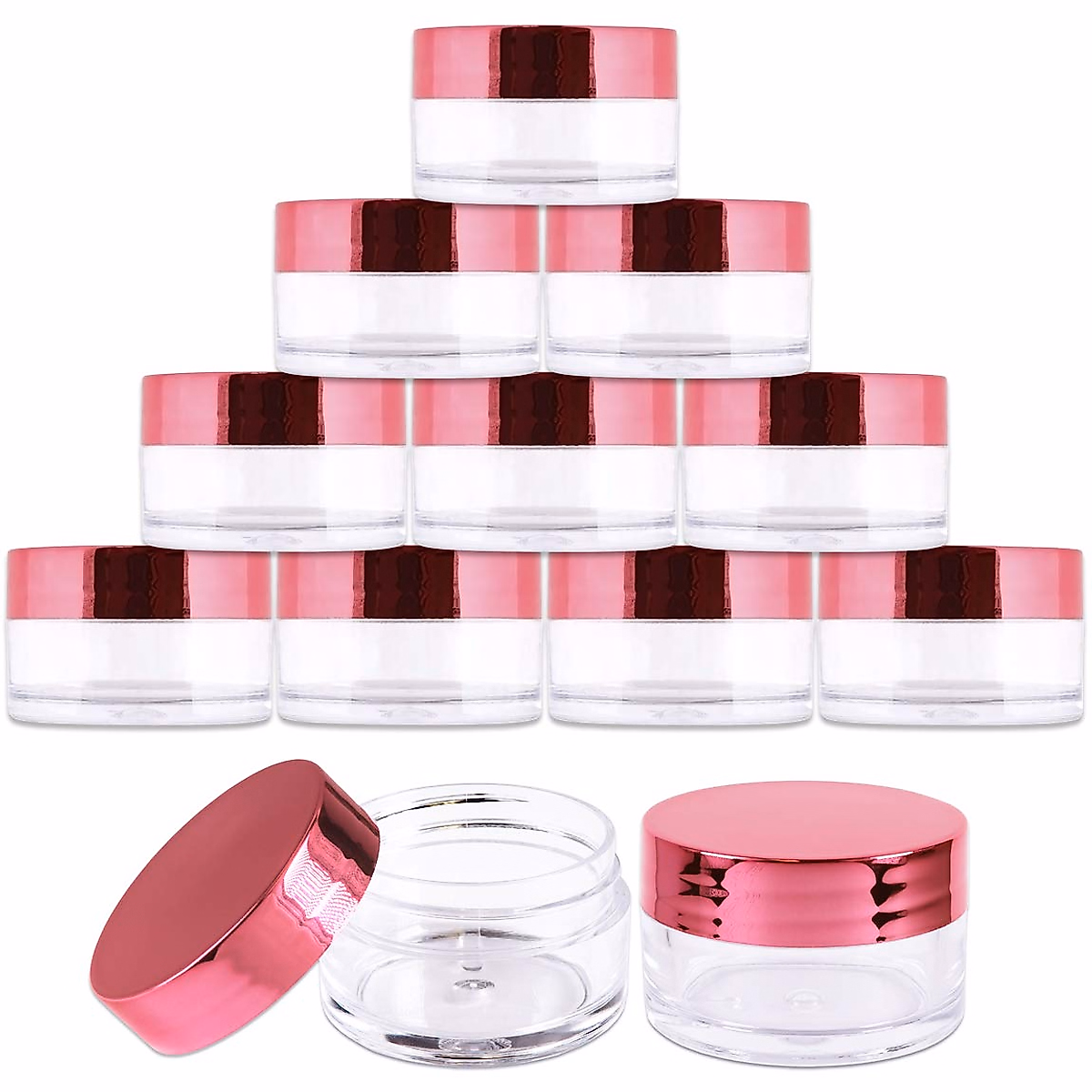 Beauticom 20g/20ml USA Acrylic Round Clear Jars with Lids for Lip Balms, Creams, Make Up, Cosmetics, Samples, Ointments and other Beauty Products (12 Pieces, Rose Gold Lid (Flat Top))