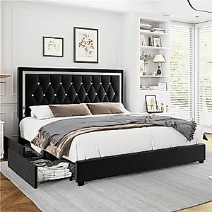 HITHOS Queen Size Bed Frame with 4 Storage Drawers and Adjustable Headboard, Modern Upholstered Platform Bed with Wood Slat Support, Diamond Button Tufted Design, No Box Spring Needed (Black, Queen)