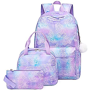 CAMTOP School Backpack for Girls Teens Bookbag Set Kids Backpack 3 In 1,School Bags with Lunch Box Pencil Case for Age 6-14 (Butterfly-Luminous)