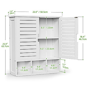 BAMBOOHOMIE Bathroom Wall Cabinet, Bamboo Medicine Cabinet Wall Mounted with 2 Doors & Adjustable Shelf, Over The Toilet Storage Cabinet for Bathroom Laundry Room Kitchen (White)