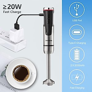 Liebe&Lecker Cordless Hand Blender, Immersion Blender Handheld USB Rechargeable 8 Variable Speeds with Whisk, Milk Frother Attachments, Portable Stick Blender for Milkshakes, Smoothies & Soups.