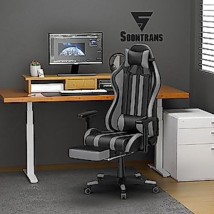 Soontrans Grey Gaming Chair with Footrest,Racing Ergonomic Massage Gaming Chairs for Adults Work in Office,Height Adjustable Gamer Chair,360° Swivel PC Computer Chair,Reclining Silla Gamer