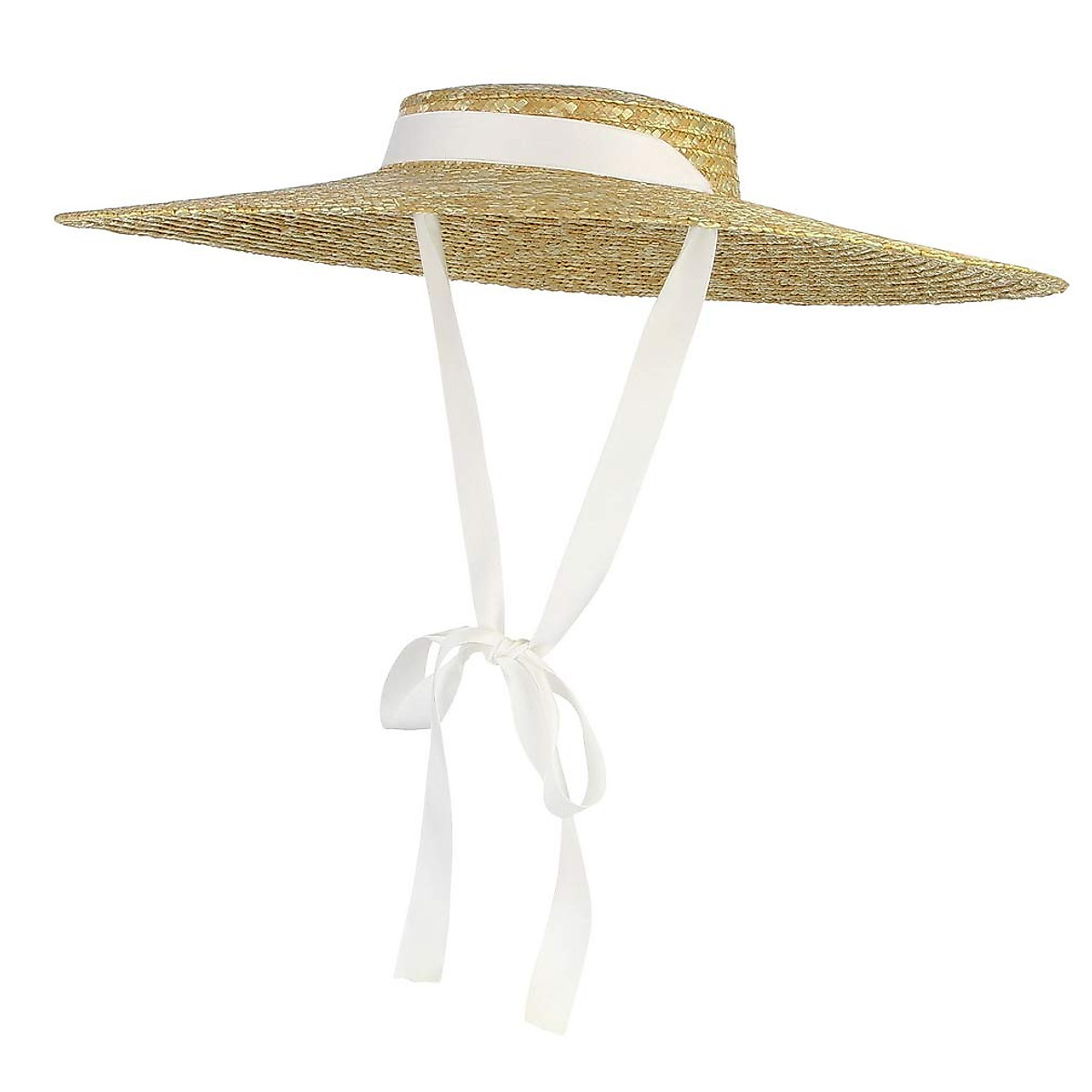 Jelord Women Vintage Boater Straw Hat Wide Brim Flat Top Floppy Derby Straw Hat Beach Sun Hats with Chin Strap Brim:18cm White