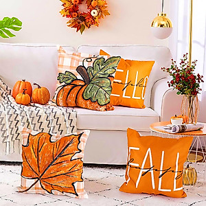 YUJUN 4 Pack Fall Pillow Covers Decoration,18x18in Buffalo Plaid Farmhouse Pumpkin Maple Leaves Thanksgiving Fall Throw Pillows Cushion Case Couch Decor for Autumn Home Outdoor Decorations