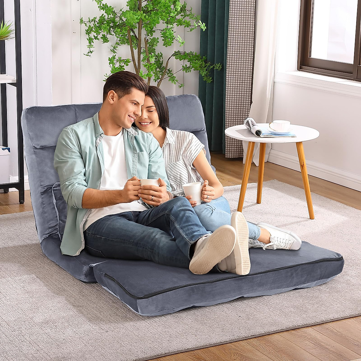 Urnodel Adjustable Floor Sofa Couch with 2 Pillows Foldable Lazy Sofa Sleeper Bed Multi-Functional Floor Loveseat for Reading Gaming 8823S2 (Grey)