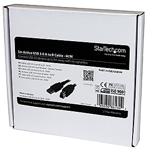 StarTech.com 5m 15 ft Active USB 3.0 (5Gbps) USB-A to USB-B Cable - M/M - USB A to B Cable - USB 3.2 Gen 1, TAA (USB3SAB5M)