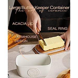 Getstar Ceramic Butter Dish with Acacia Lid for Countertop, Silicone Sealing, Farmhouse Kitchen Counter Decor, Large Butter Keeper Container (6.5”x4”)