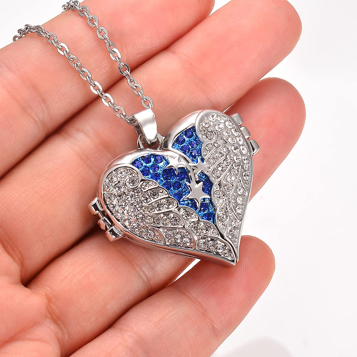 Heart Crystal Urn Necklace for Ashes A Piece Of My Heart Lives In Heaven Cremation Jewelry Angel Wings Memorial Keepsake Pendant (Blue)