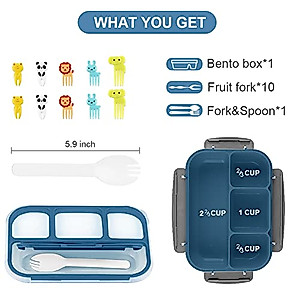 BentoMoment Bento Lunch Box, 4 Compartments Lunch Box Containers for Adults, 5 Cups Bento Box with Utensils& Fruit Fork, Cute Snack Lunch Box, Leakproof Microwave Safe Bento Boxes, Blue