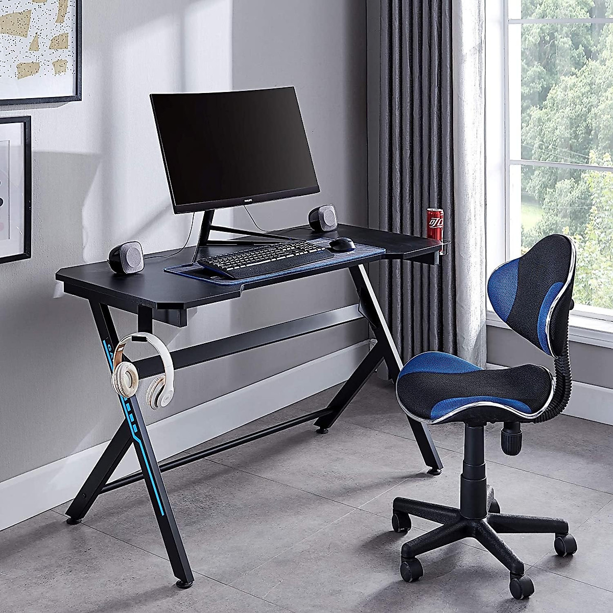 JJS 48" Home Office Gaming Computer Desk with Cable Management, R Shaped Large Gamer Workstation PC Table with Cup Holder Headphone Hook Mouse Pad, Black Manufacturer Brand Name