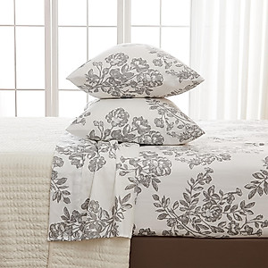 4-Piece Queen Printed Microfiber Sheet Set | Ultra-Soft, Brushed Bedding Sheets & Pillowcases | Wrinkle & Fade Resistant, All-Season Bed Sheets for Bed (Queen, Toile - Grey)