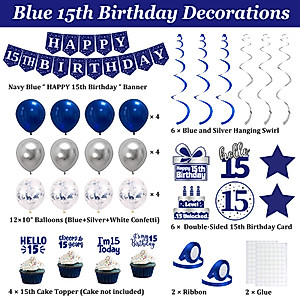 15th Birthday Decorations for Boys Girls, Blue Silver Happy 15th Birthday Party Decorations, Happy 15th Birthday Backdrop, Banner, Balloons, Hanging Swirls, Birthday Cards, Cake Toppers, Pompoms 54pcs