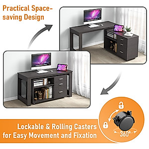 MU Gray L Shaped Desk with Drawers, Corner Desk with 3 Drawers and 2 Shelve, Executive Office Desk with Storage File Cabinet for Home Office Workstation, Bedroom, 55 inch