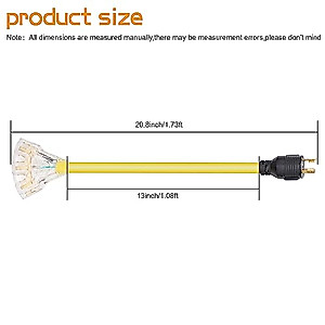 Ruikarhop 1.5FT 30 amp to 15 amp Generator Adapter Power Cord，Nema L5-30P Male to 3X 5-20R Female with Lighted End