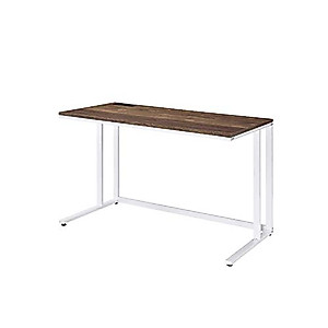 Knocbel 47in Contemporary Computer Desk with Built-in USB Port and Sockets, Home Office Workstation Writing Table with Metal Frame (Walnut and White)