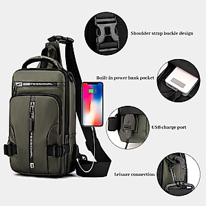 JBB Waterproof Sling Bag Crossbody Backpack for Men Women Multipurpose Waist Pack with USB Charging Port for Hiking Walking Khaki
