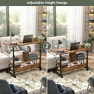 32" Height Adjustable Standing Desk with Power Outlets - Manual Rolling Stand Up Desk with Wheels Small Portable Computer Desk Mobile Laptop Table with Storage Shelves for Home Office, Rustic