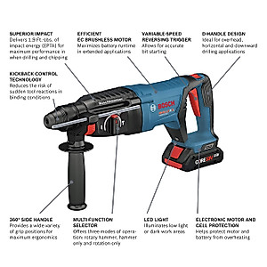 Bosch GBH18V-26DK15-RT 18V EC Brushless Lithium-Ion SDS-Plus Bulldog 1 in. Cordless Rotary Hammer Kit (4 Ah) (Renewed)