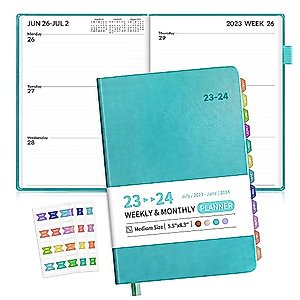 SUNEE Weekly Planner 2023-2024 5.5"x8.3" Weekly & Monthly Daily - from July 2023 - June 2024, A5 Size Calendar Academic Year Planner, Hardcover,Pocket,100 GSM Paper,Monthly Sticker (Turquoise, A5)