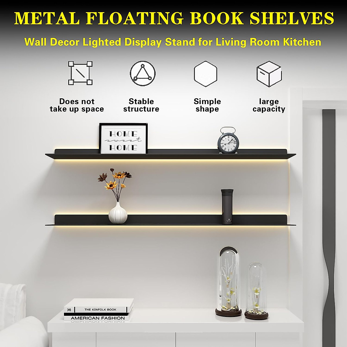 MOFGOE Floating Display Shelf with Built-in Illuminated LED Light and Invisible Brackets, Metal Wall Mounted Light-Emitting Bookshelf, Wall Decor Set of 2, Small Lighted Display Stand,80cm/32in