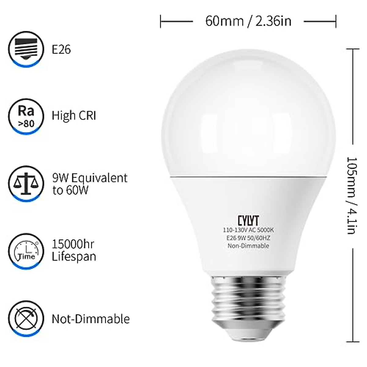 CYLYT A19 LED Light Bulb 60W Equivalent, Daylight White 5000K, 9W Energy Saving Bulbs, Focos LED para Casa, E26 Standard Base, for Kitchen Bedroom Indoor Outdoor, 800 Lumen, Non-diammable, 4-Pack
