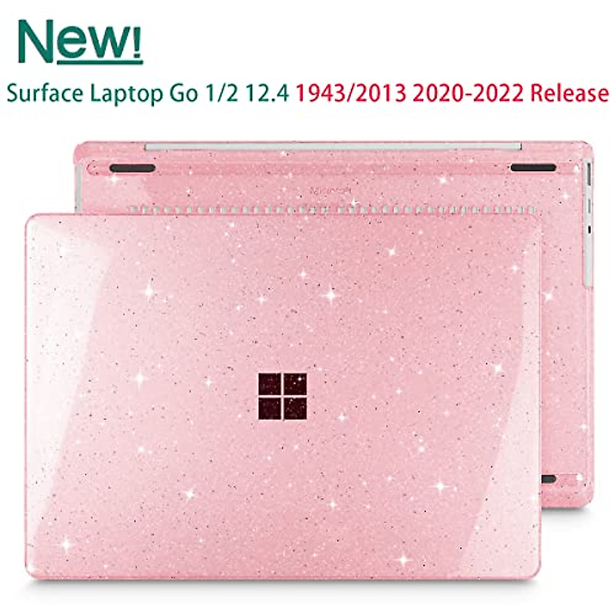 May Chen Compatible with 12.4 inch Microsoft Surface Laptop Go 2 Models: 1943 2013, Release 2022 Fashion Plastic Hard Shell Case with Screen Protector + Keyboard Cover + Dust Plugs, Pink Glitter
