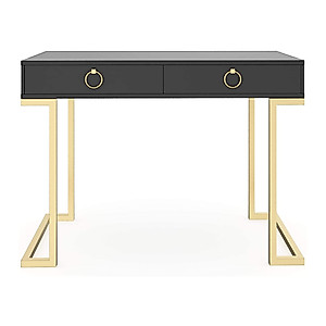 Nathan James Leighton Two-Drawer Writing Glam Accents Brass, Home Office Computer Desk or Vanity Table, 2, Black/Gold