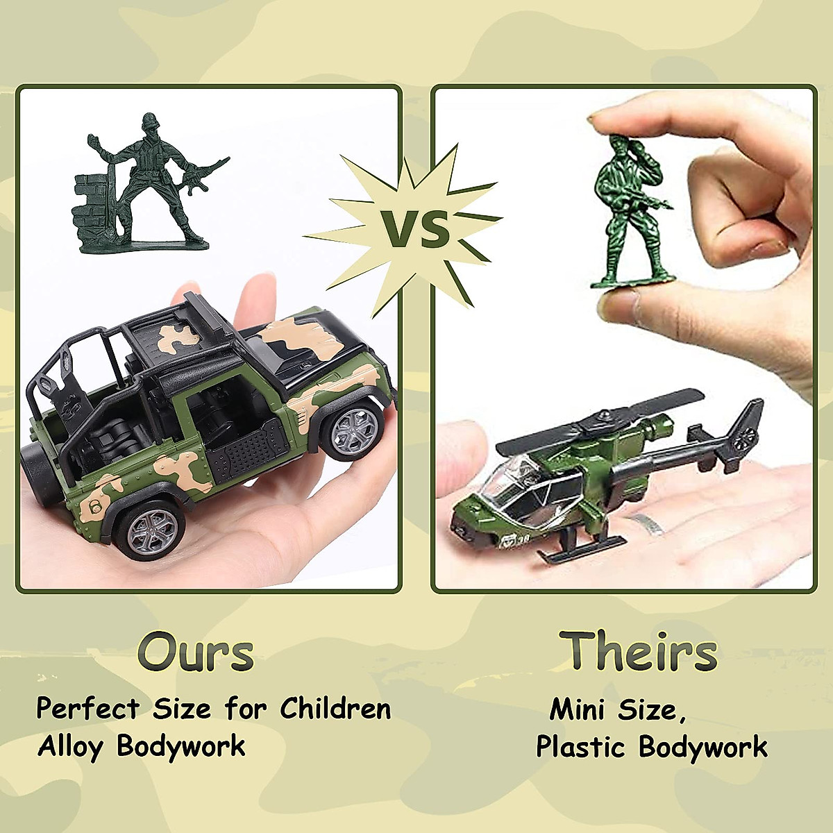 Die-cast Military Vehicles Toy Set, 6 Pack Alloy Army Toys Playset with Army Men Action Figures, Tank, Panzer, Helicopter, Truck, Submarine for Kids Boys Toddlers