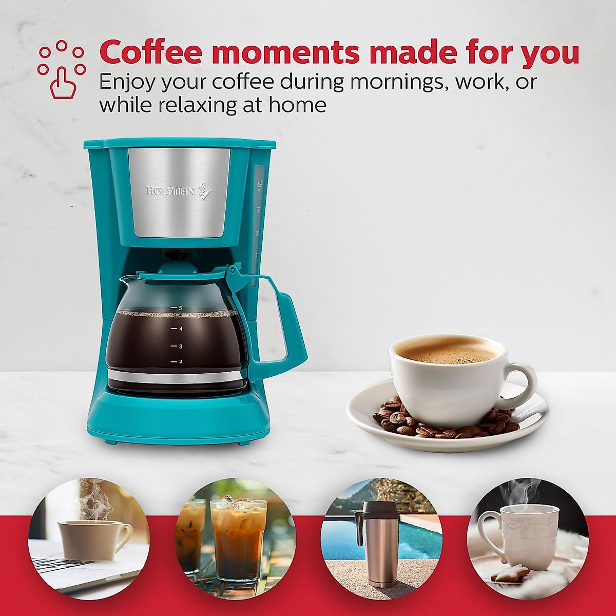 Holstein Housewares - 5-Cup Compact Coffee Maker, Teal - Convenient and User Friendly with Auto Pause and Serve Functions