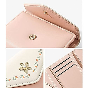 kuifang Girls Cute flowers Print Wallet, Small Tri-folded Aesthetic Wallet, PU Leather Purse Cash Pocket Card Holder ID Window Purse for Women(Pink)