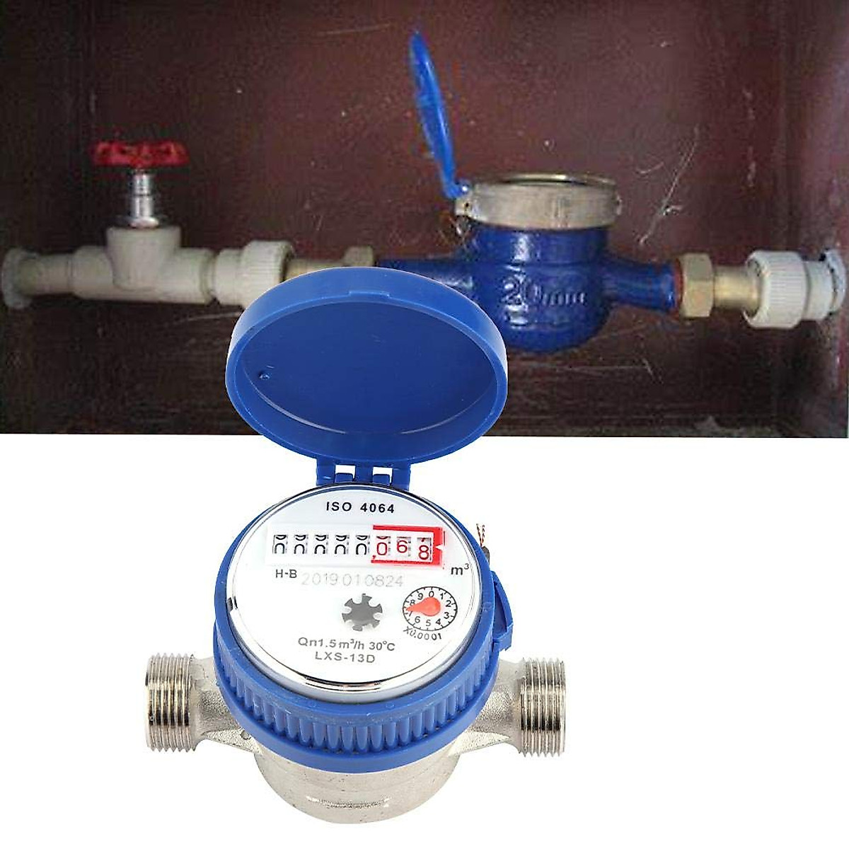 Water Flow Meter, Copper Mechanical Water Meter, Portable Water Flow Gauge, for Measuring Water Flow of Households or Gardens, with Mounting Accessories
