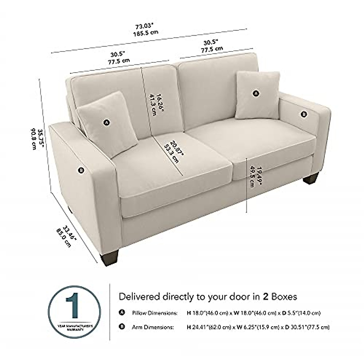 Bush Furniture Stockton Sofa, 73W, Cream Herringbone
