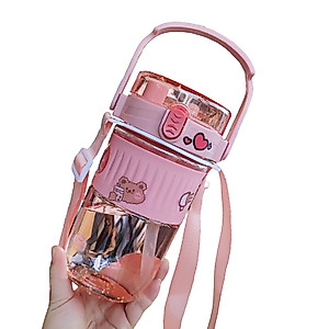 MEOKIM kawaii water bottle Straw Cup Pot Belly Cup Portable Large Capacity Plastic Water Bottle With Cute Stickers(Pink,605ML)