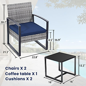 Murago 3 Pieces Patio Outdoor Wicker Bistro Furniture Set, Conversation Set, 2 Chairs Plus Table, for Porch, Balcony, Patio, Grey Frame with Blue Cushion