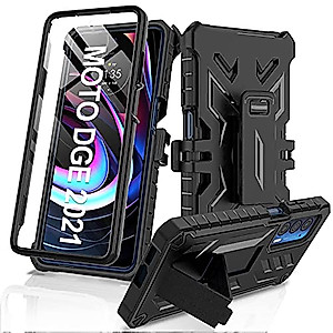 for Motorola Edge 2021 / Moto Edge 5G UW Case: Built-in Screen Protector Kickstand Full-Body Military Grade Three-Layer Protective Shockproof Rugged Phone Cover with Belt Clip Holster Black