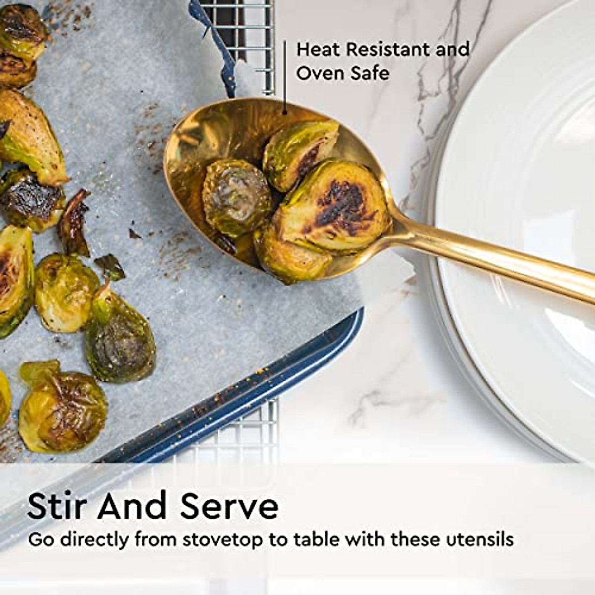 Brass/Gold Cooking Utensils Set for Modern Cooking and Serving - 5 PC Dishwasher Safe Stainless Steel Gold Utensils Set - Gold Serving Spoon, Gold Ladle - Gold Kitchen Utensils for Gold Kitchen