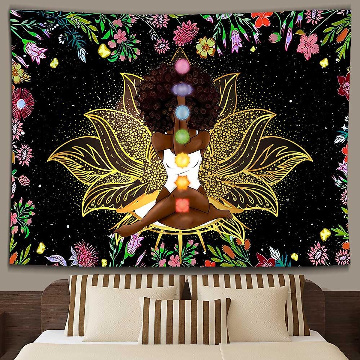 Ine Ive African Chakra Tapestry African American Woman Zen Meditation Tapestry 80x60 Inch Starry Sky Flower Garden Tapestry Inspirational Afro Yoga Wall Art Tapestry for Bedroom Dorm Decor GTDWIE0157