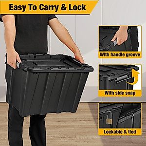 BROVIEW V12 11Gal Heavy Duty Plastic Storage Bins with Latching Lids, Stackable Tough Tote Storage Box Containers with Lock Hole & Handle for Garage Workshop Metal Rack (Black Base/Blue Lid, 4Pack)