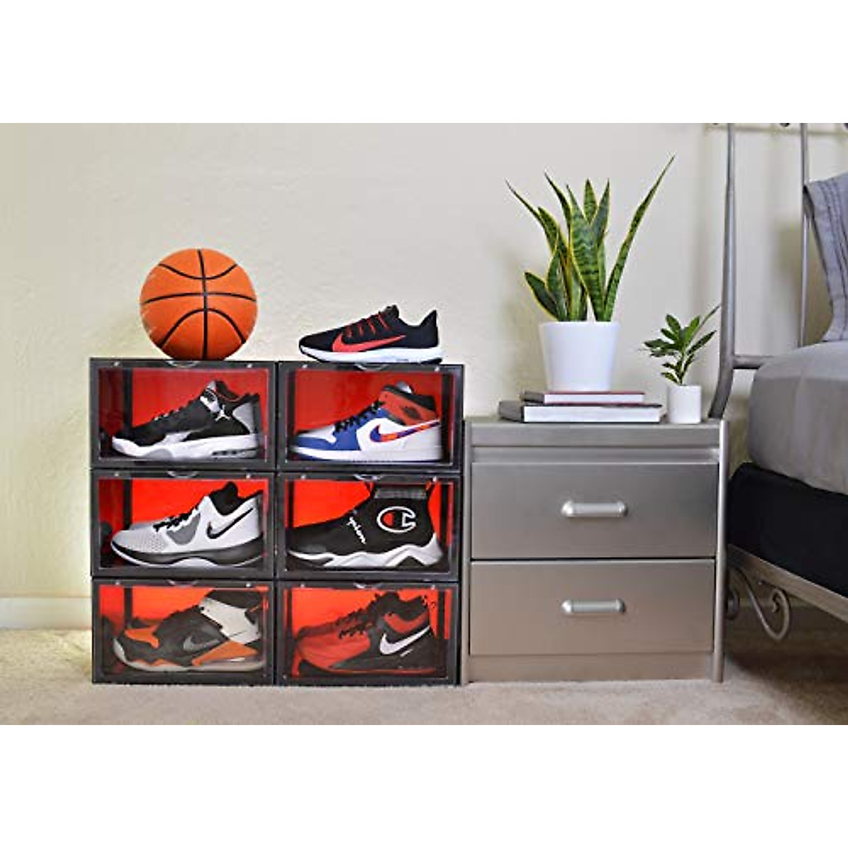 ShoeBaks 3 Pack Shoe Display Case Stackable Shoe Box and Storage Container Organizer for Shoes Sneakers and Boots Clear Transparent Magnetic Door Black and Red
