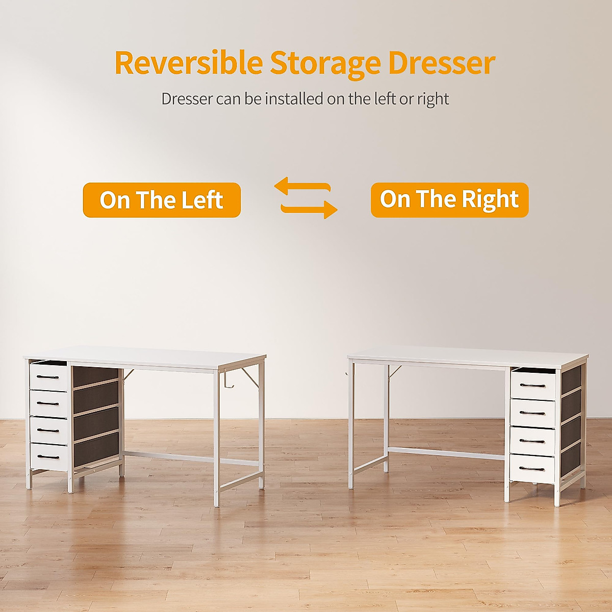 CubiCubi 47 Inch Computer Reversible Desk with 4 Storage Drawers, Small Home Office Kids Student Writing Study Work Table for Bedroom, White