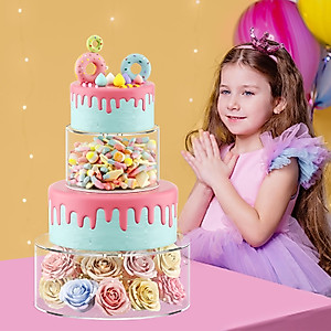 2 PCS Clear Acrylic Cake Stand, FEMELI Fillable Cake Box Case Tier Holder, Cylinder Round Cake Riser Display Box with Lid, Centerpiece Cake Base with Lights for Birthday Wedding Party Decor(10*4, 6*4)