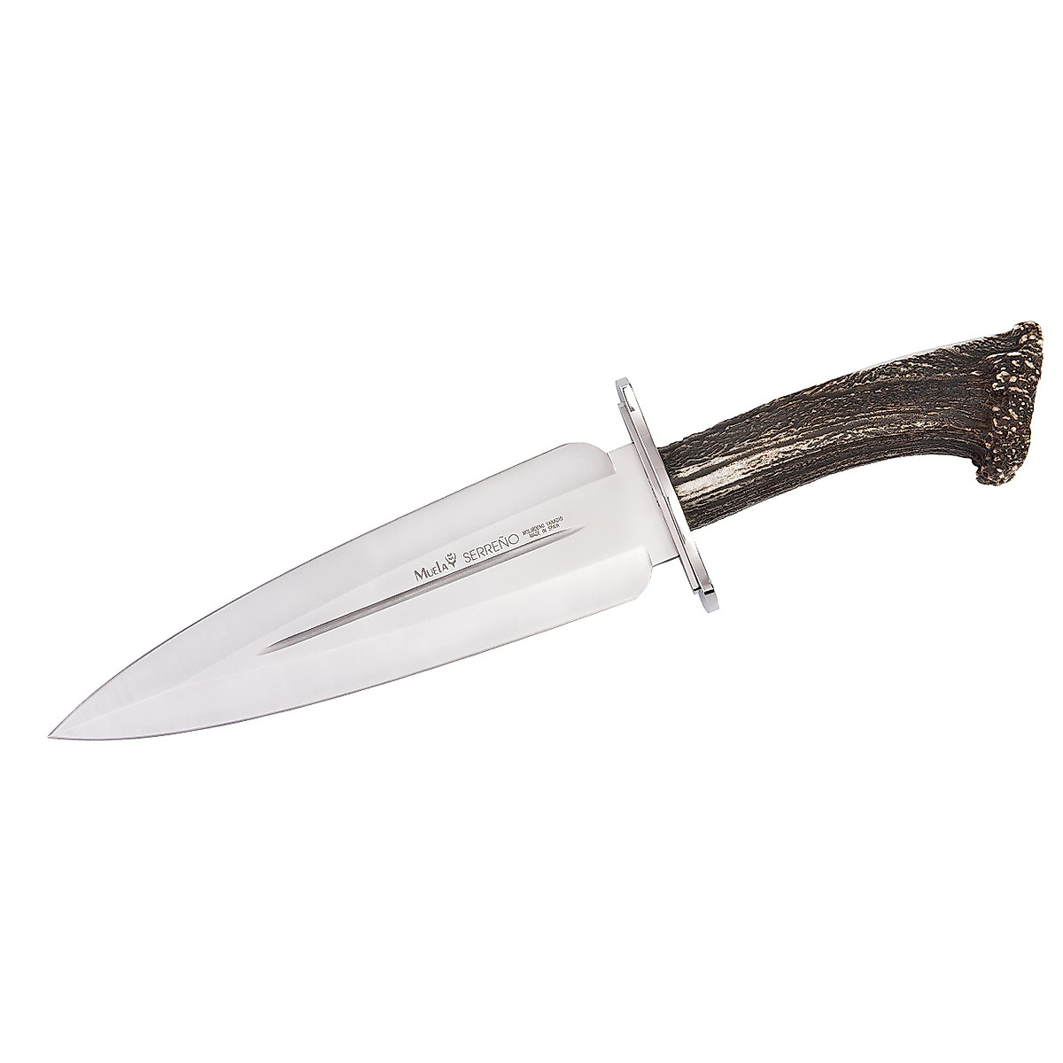 MUELA SERRENO-S Genuine Red Stag Antler Crown Handle Hunting Knife with Leather Sheath, 8-5/8"