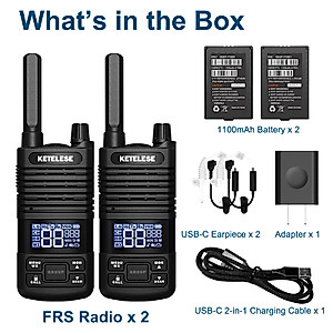 KETELESE T1 Rechargeable Walkie Talkies for Adults Long Range, 22 Channel 2 Way Radios, USB C FRS Walkie-Talkie with Earpiece, NOAA, VOX, Group Call for Hiking, Camping, Hunting (2 Pack), Black